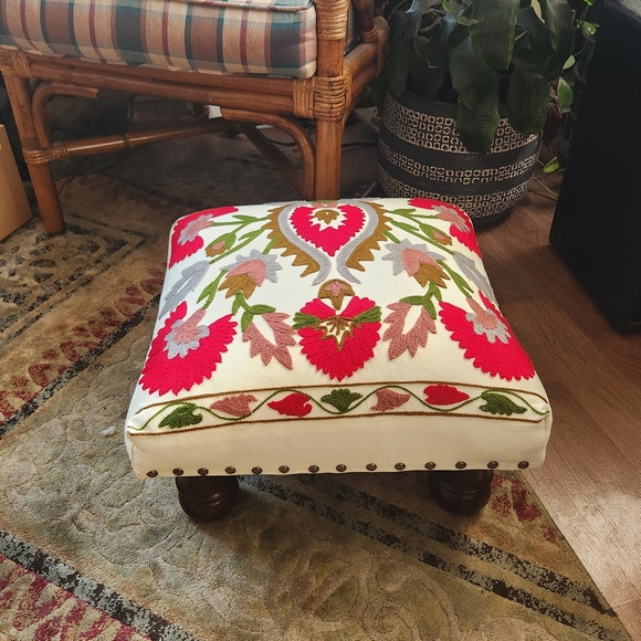 Accents | Boho Embroidered White Red Floral Footstool Ottoman Wood ...